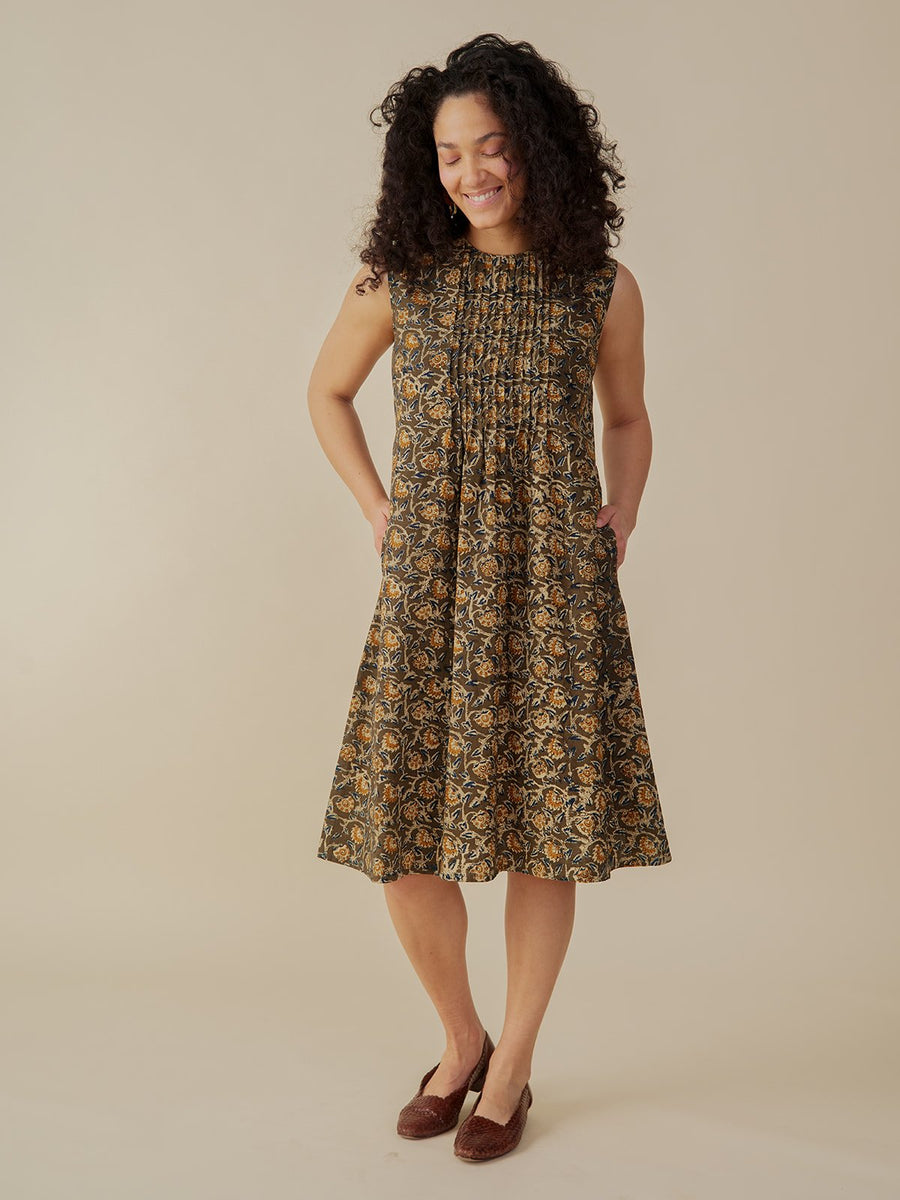 Mata Traders 100% Cotton Penny Pintucked Dress in Olive Kalamkari ...