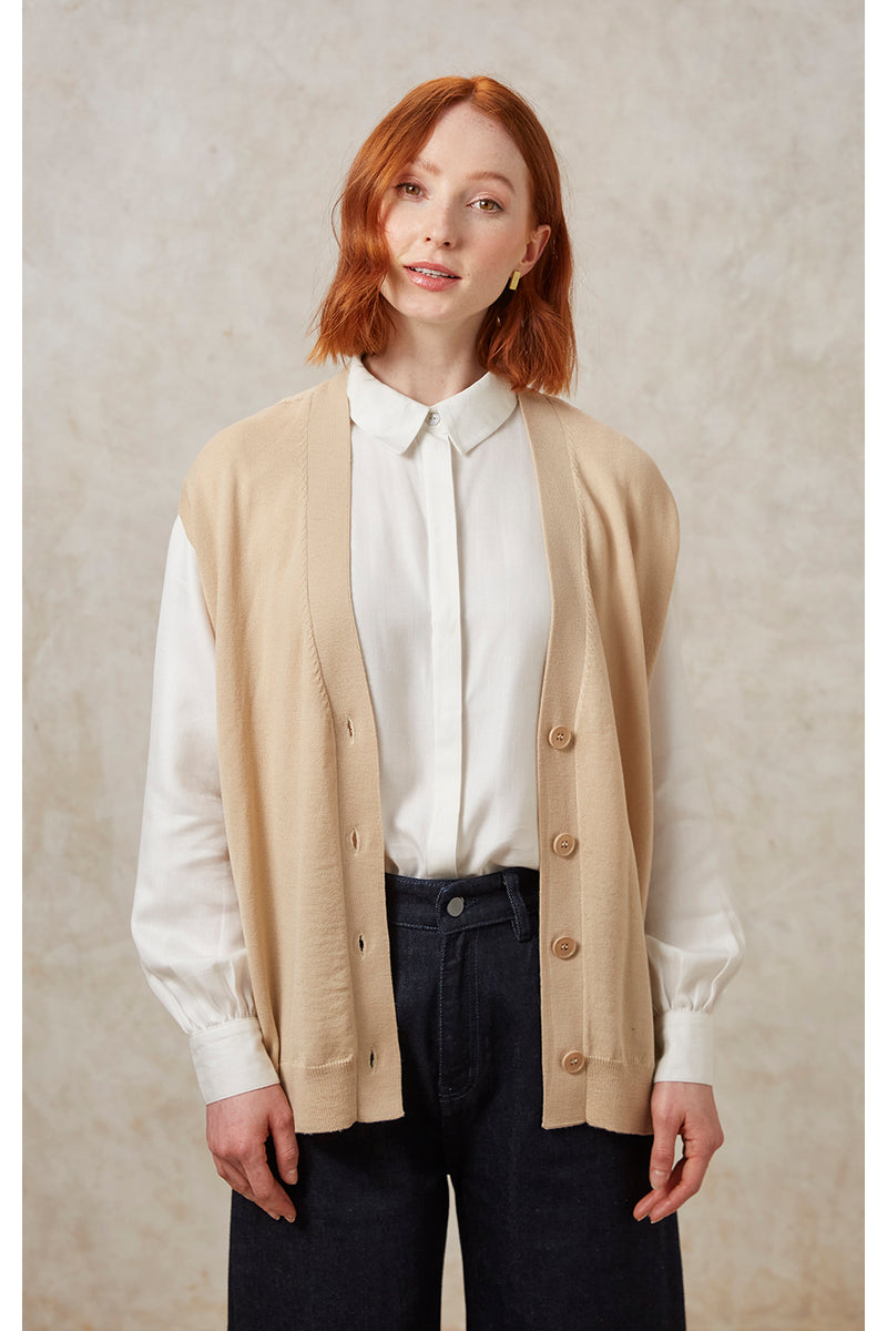 People Tree Kelly Merion Wool Button-Up Sweater Vest Cardigan in Beige ...